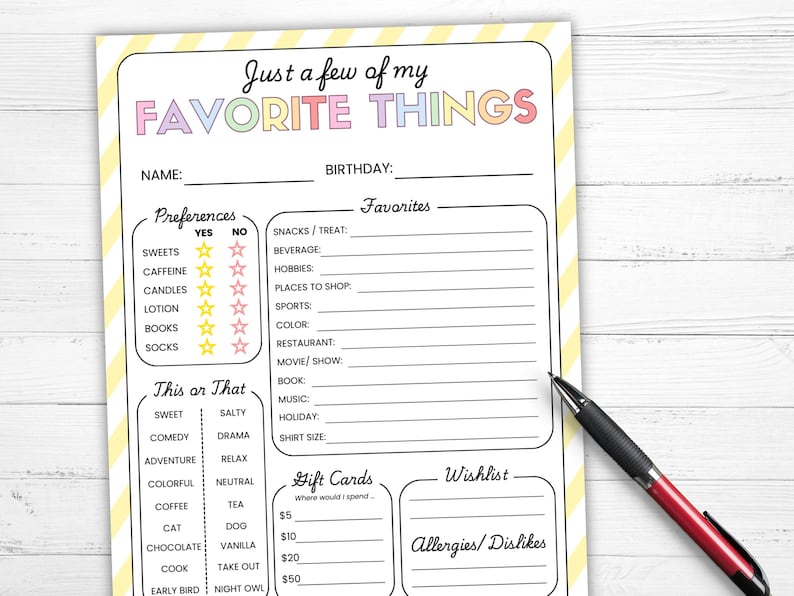 Favorite Things List Survey Questionnaire, Get to Know You Form ...
