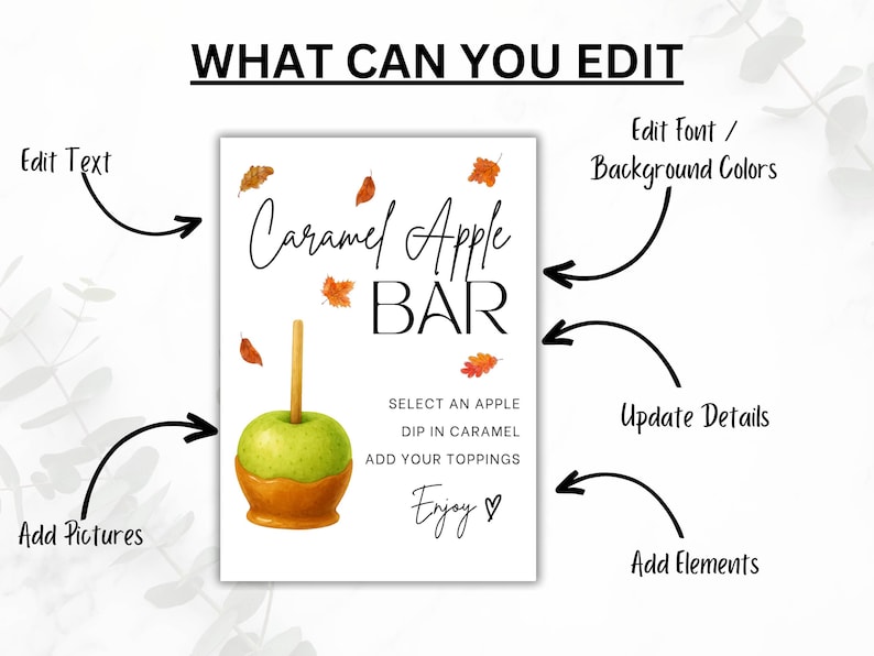Caramel Apple Bar Sign, Fall Apple Bar Print, Candy Apple Bar Menu ...