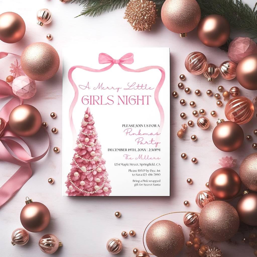 Girls Night Christmas Party Invitation Template, Pink Bow Pinkmas ...