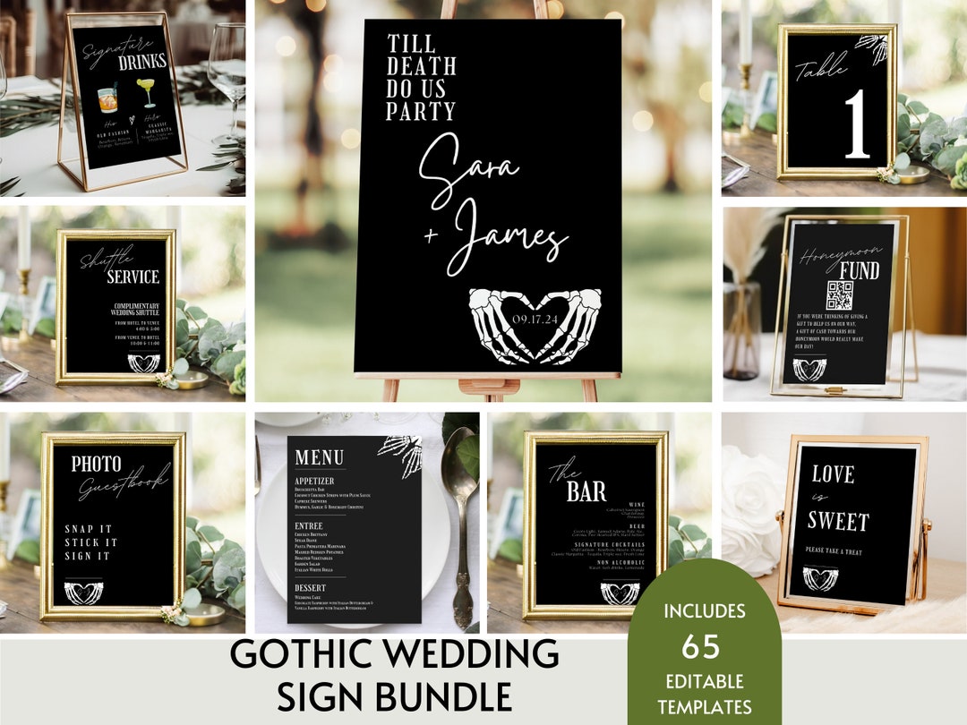 Black Wedding Sign Bundle, 65+ Modern Goth Wedding Signs Template ...