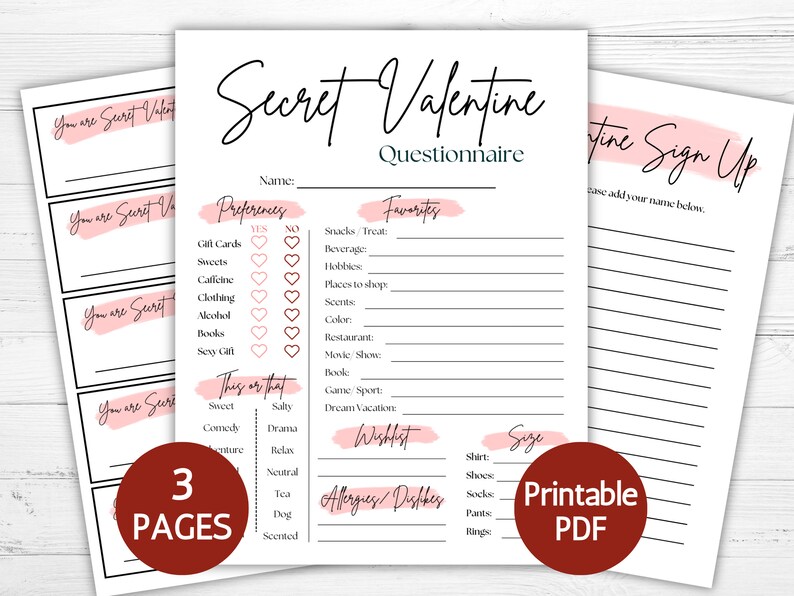 Secret Valentine Survey Questionnaire, Valentine's Day Gift Exchange ...