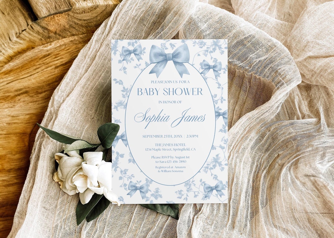 Toile De Jouy Baby Shower Invitation Template, Blue Bow Baby Shower ...