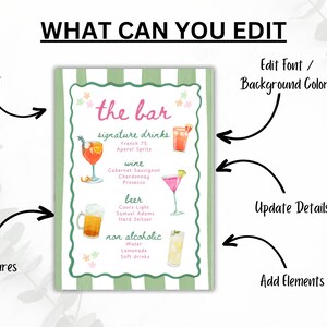 Fun Bar Menu Sign Template, Hand Drawn Signature Drink Bar Menu ...