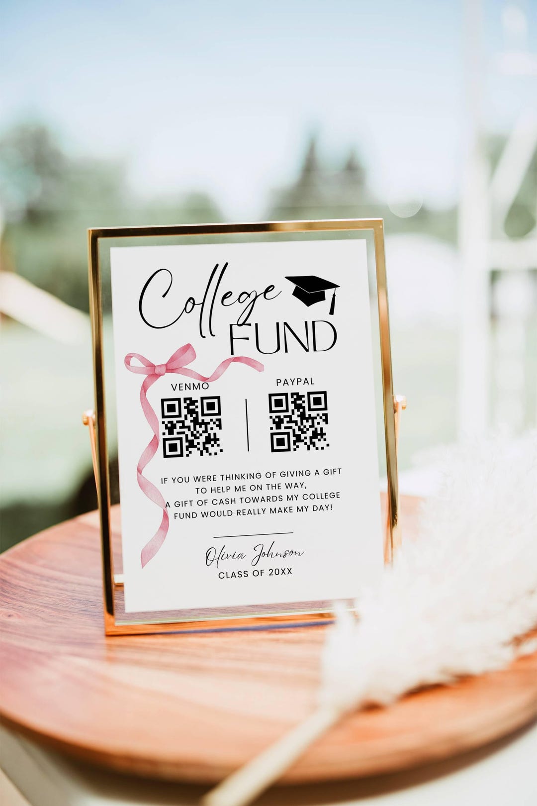 College Fund QR Code Sign Template, Modern Pink Bow Graduation Party ...