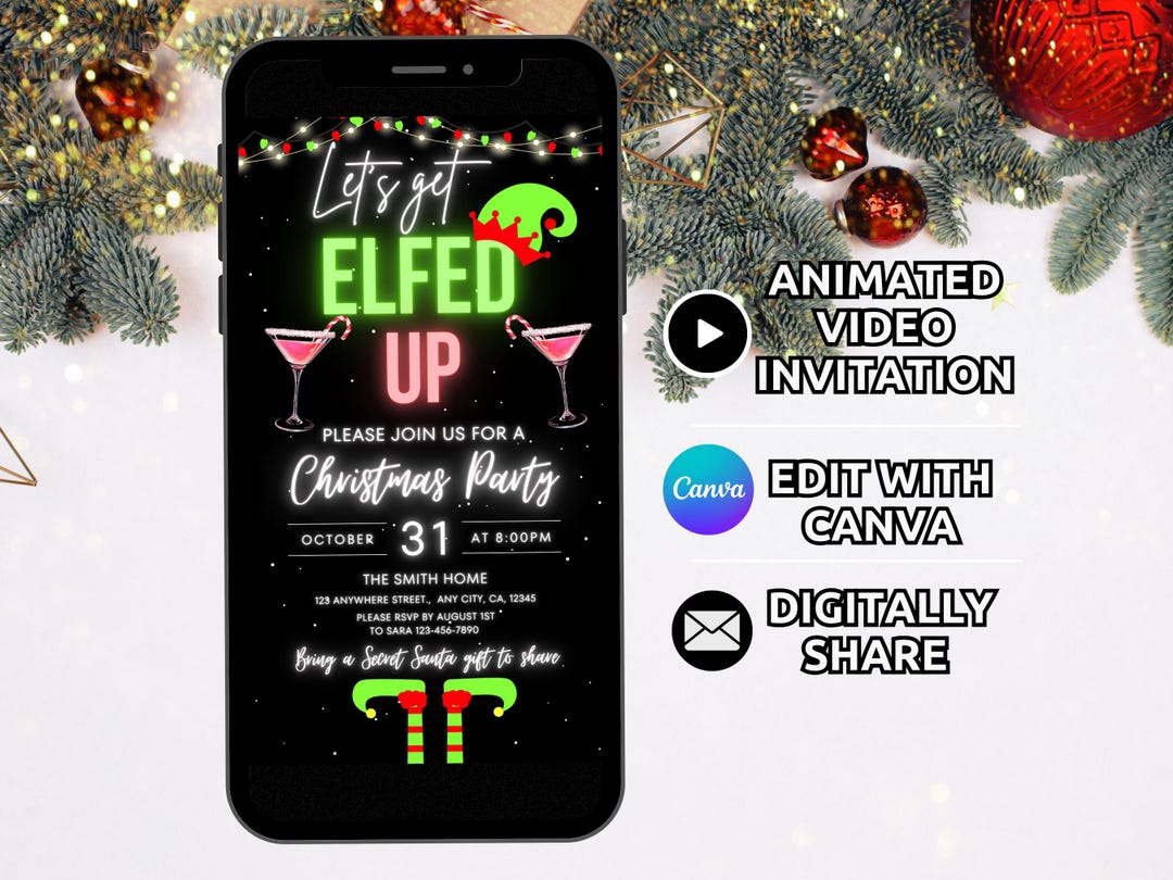 Digital Let's Get Elfed up Christmas Party Invitation Template ...