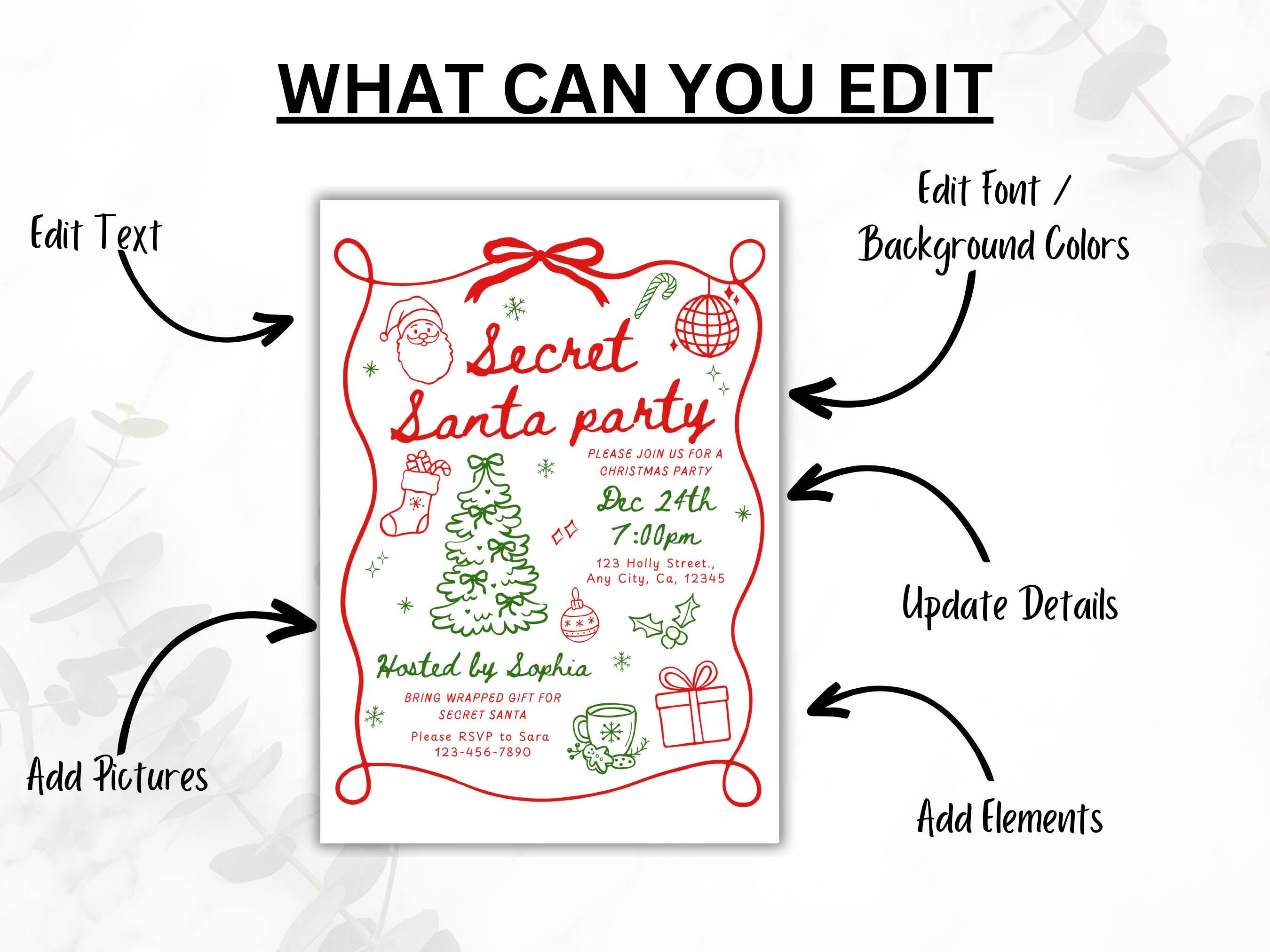 Secret Santa Christmas Party Invitation Template, Holiday Gift Exchange ...