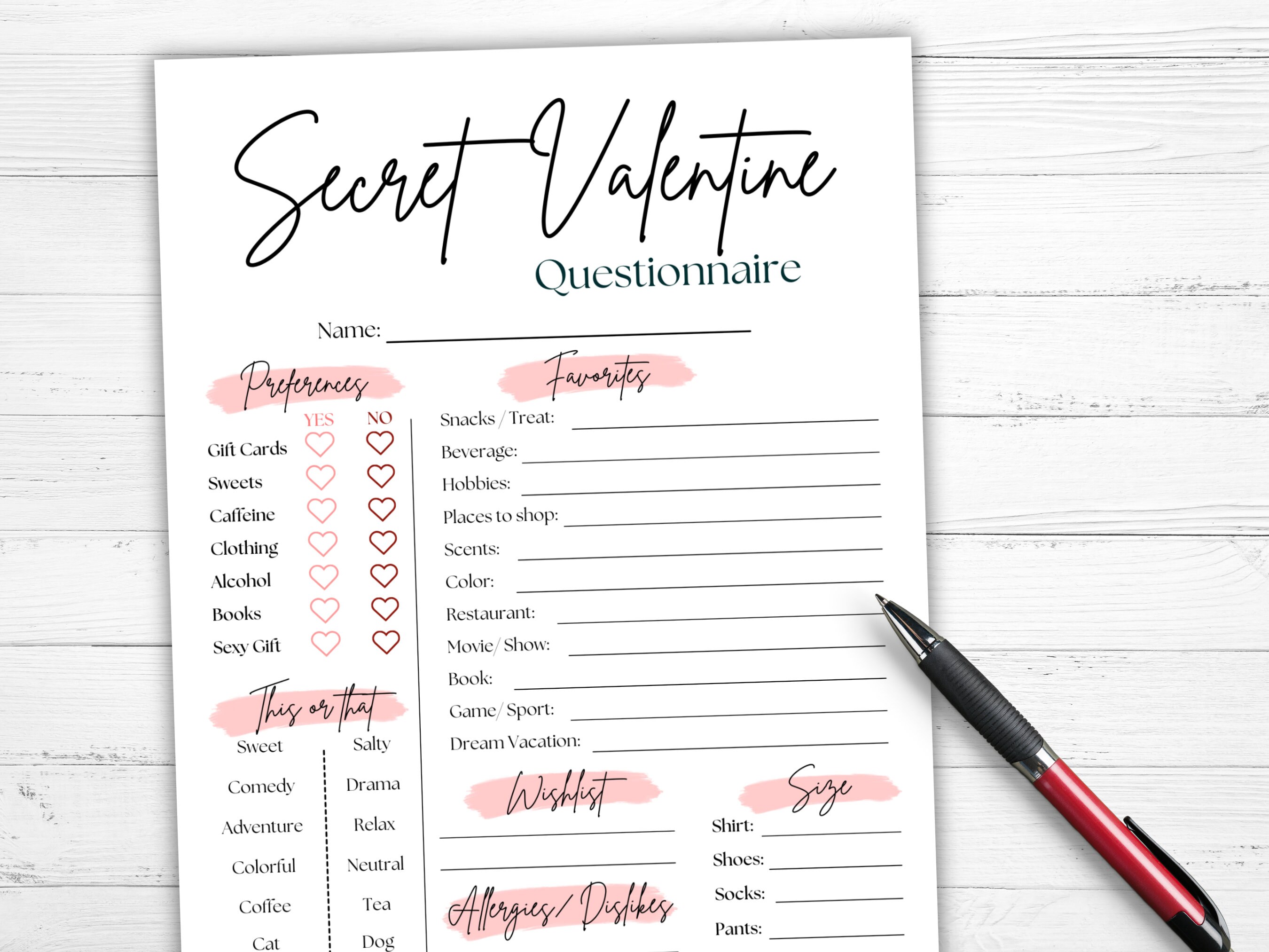 Secret Valentine Survey Questionnaire, Valentine's Day Gift Exchange ...
