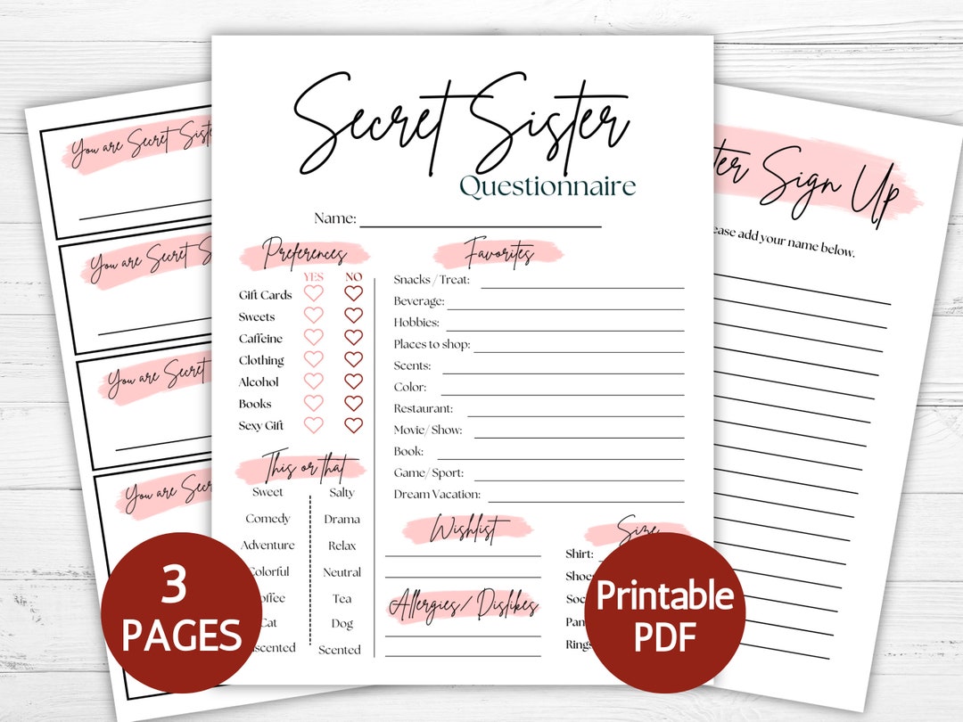 Secret Sister Survey Questionnaire, Christmas Gift Exchange Party ...