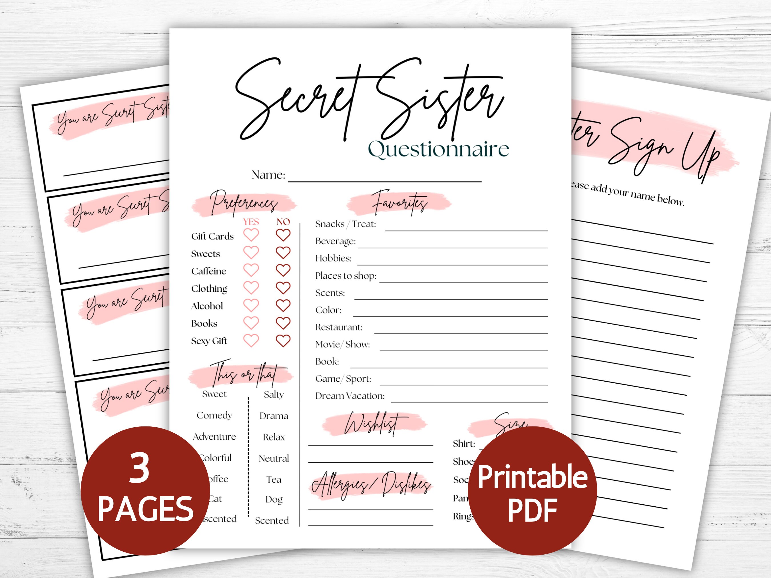 Secret Sister Survey Questionnaire, Christmas Gift Exchange Party ...