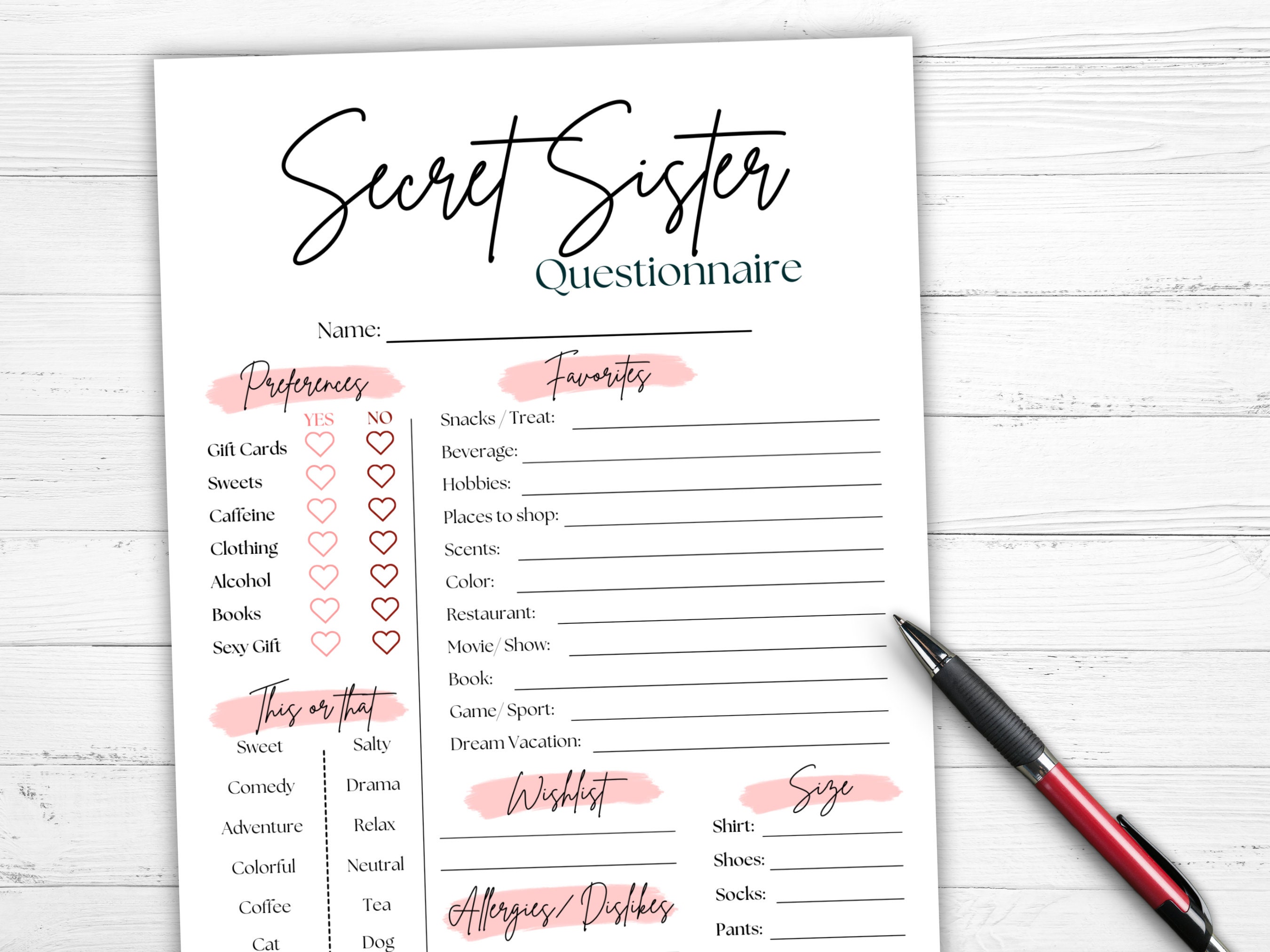 Secret Sister Survey Questionnaire, Christmas Gift Exchange Party ...