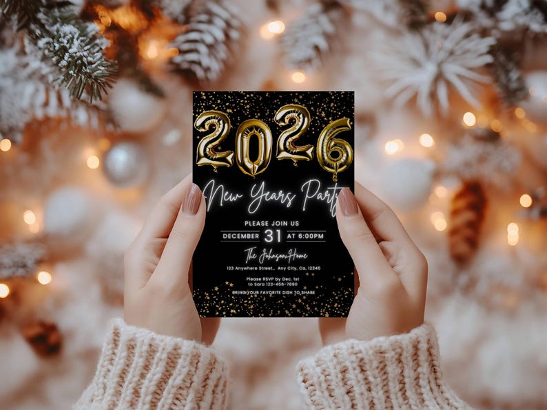 2026 New Years Party Invitation Template, Gold Balloon New Years Eve ...