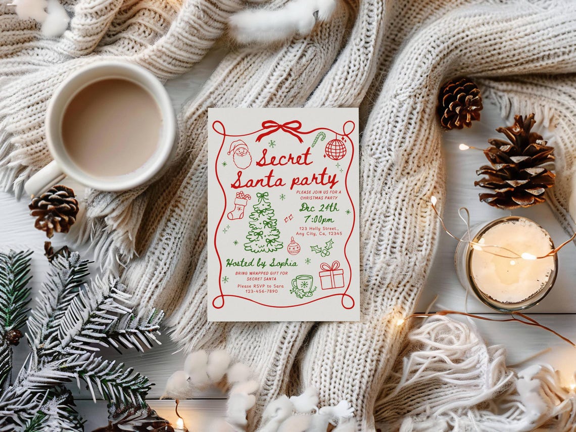 Secret Santa Christmas Party Invitation Template, Holiday Gift Exchange ...