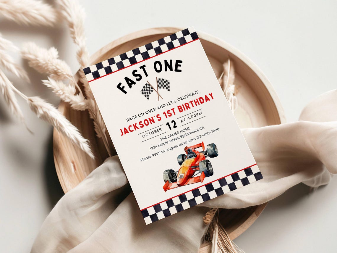 Fast One Birthday Party Invite, Racing Party Invitation Template, Race ...