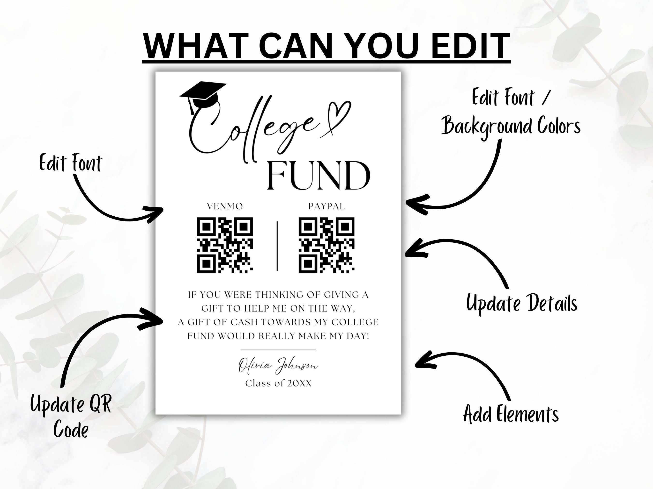 College Fund QR Code Sign Template, Modern Minimalist Graduation Party ...