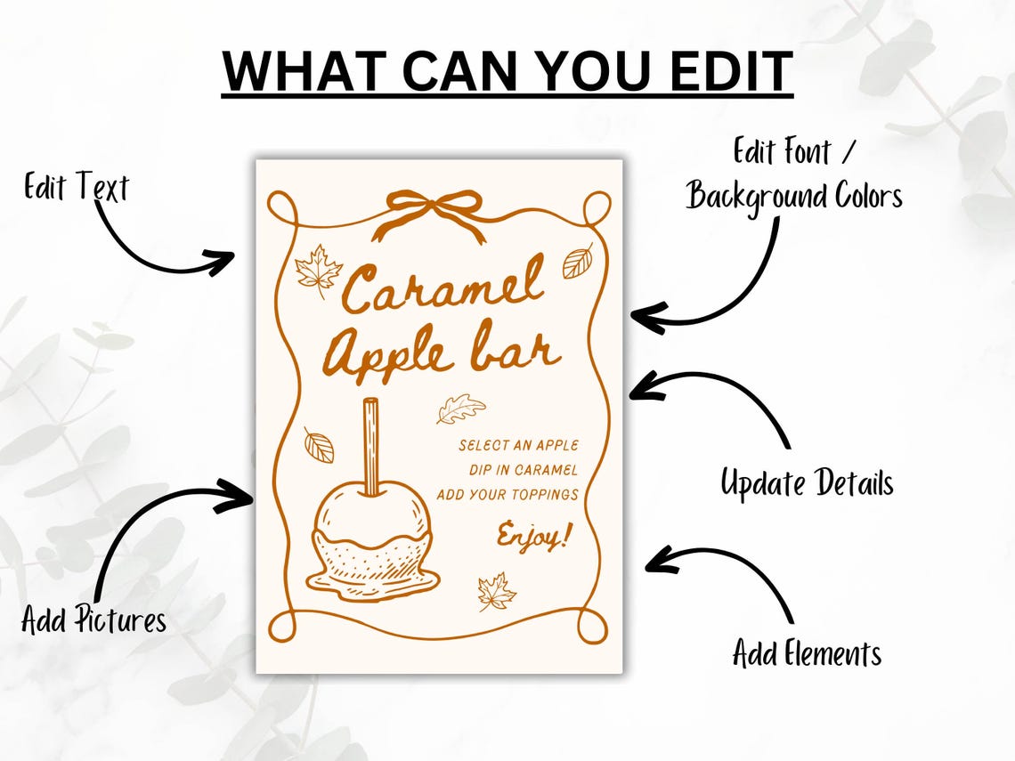Caramel Apple Bar Sign, Fall Apple Bar Print, Candy Apple Bar Menu ...