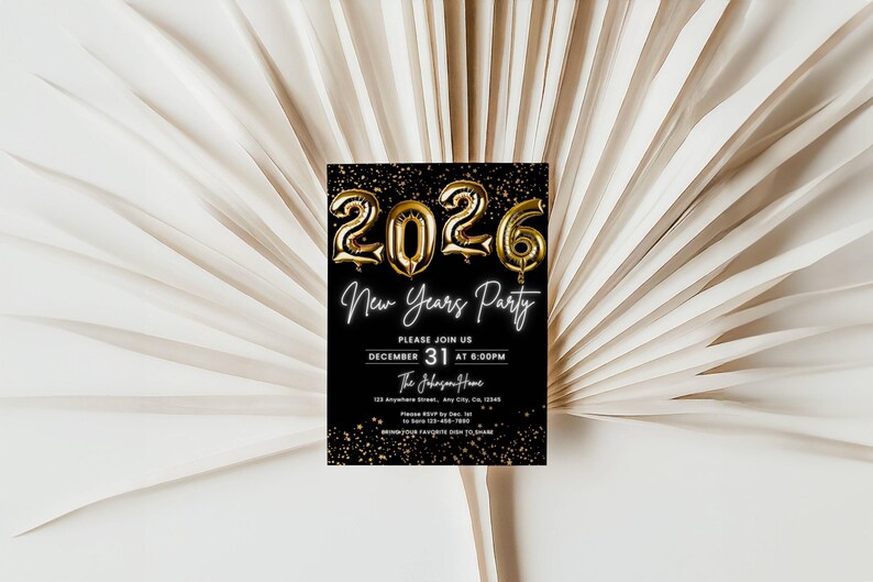2026 New Years Party Invitation Template, Gold Balloon New Years Eve ...