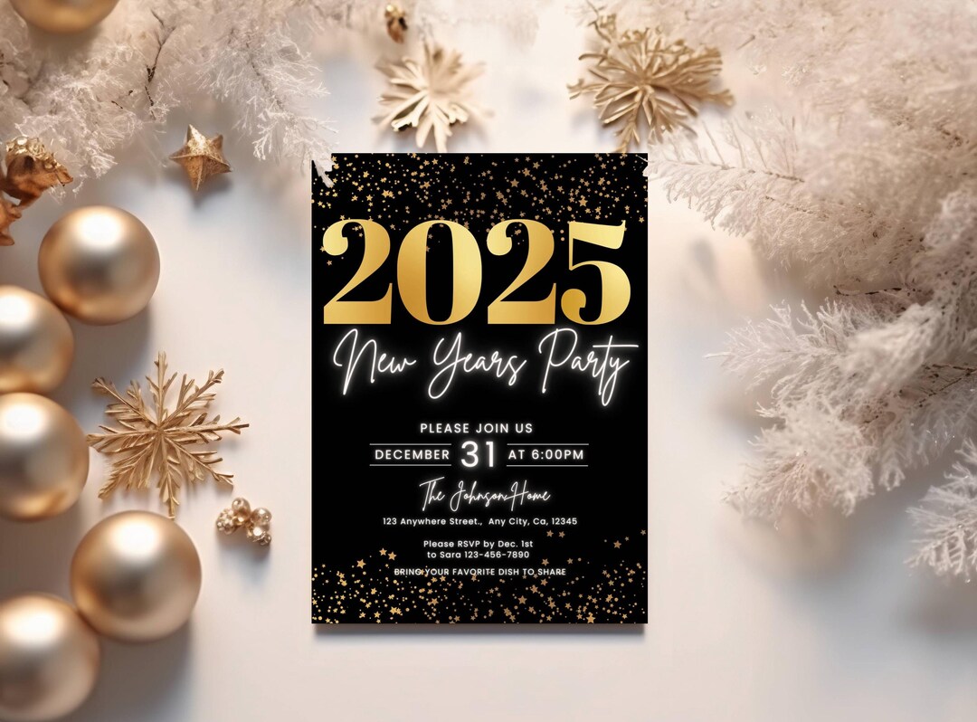 2025 New Years Party Invitation Template, Gold New Years Eve Party ...