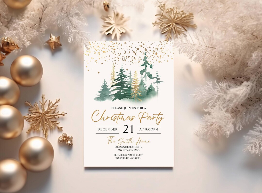 Modern Christmas Party Invitation Template, Holiday Party Invite, Gold ...