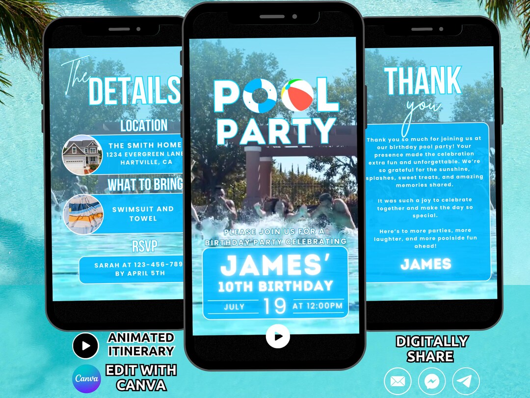 Pool Party Birthday Invitation Template, Digital Swim Birthday Party ...