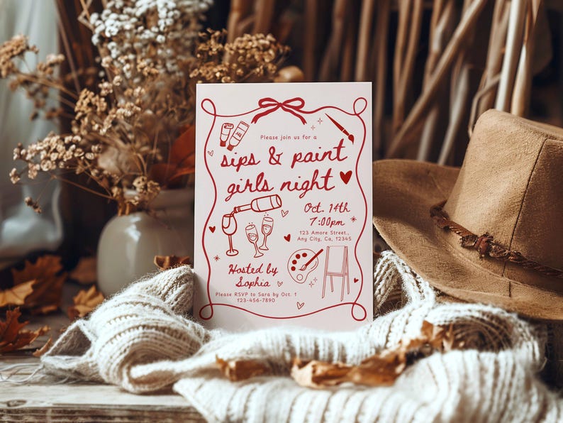 Sips and Paint Party Invitation Template, Wine Paint and Sip Girls ...