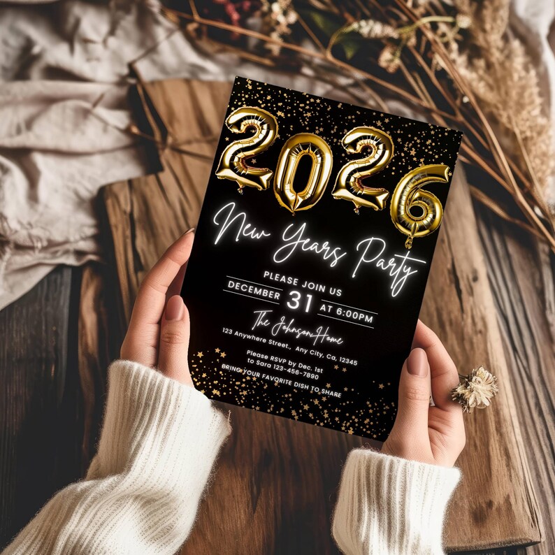 2026 New Years Party Invitation Template, Gold Balloon New Years Eve ...