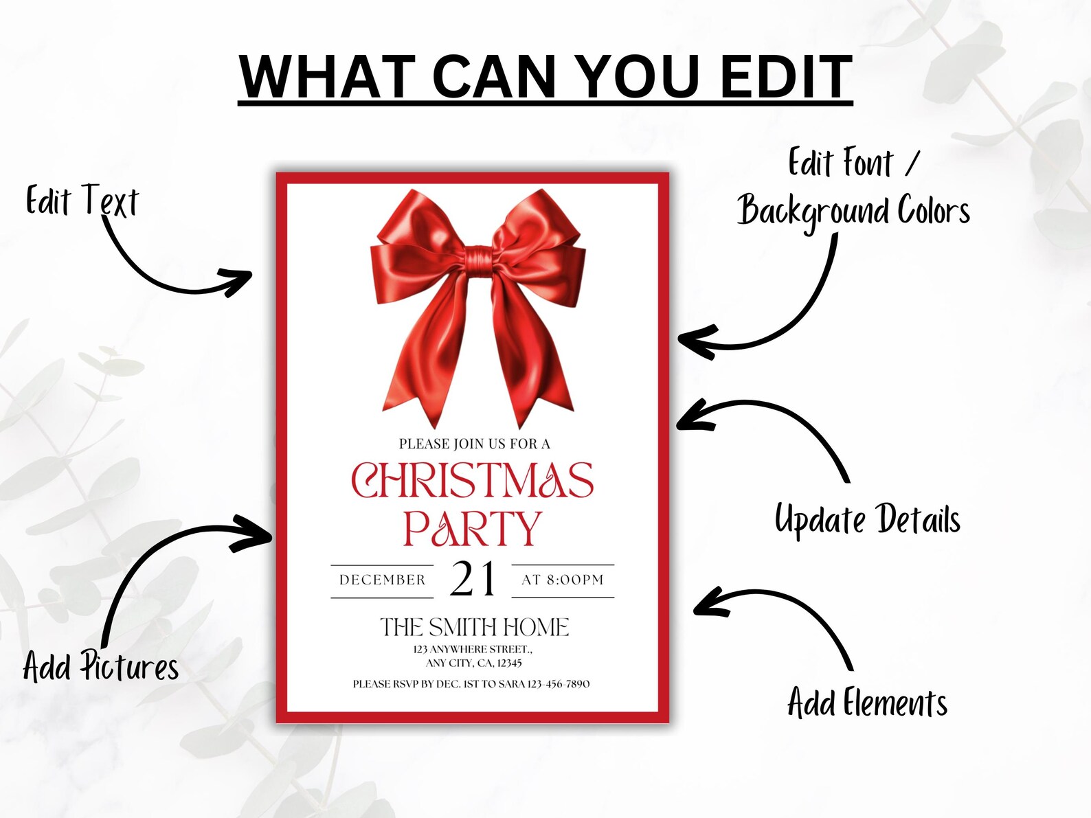 Red Bow Christmas Party Invitation Template, Holiday Christmas Dinner ...