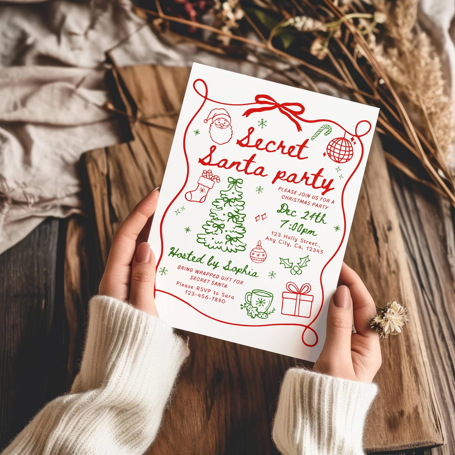 Secret Santa Christmas Party Invitation Template, Holiday Gift Exchange ...