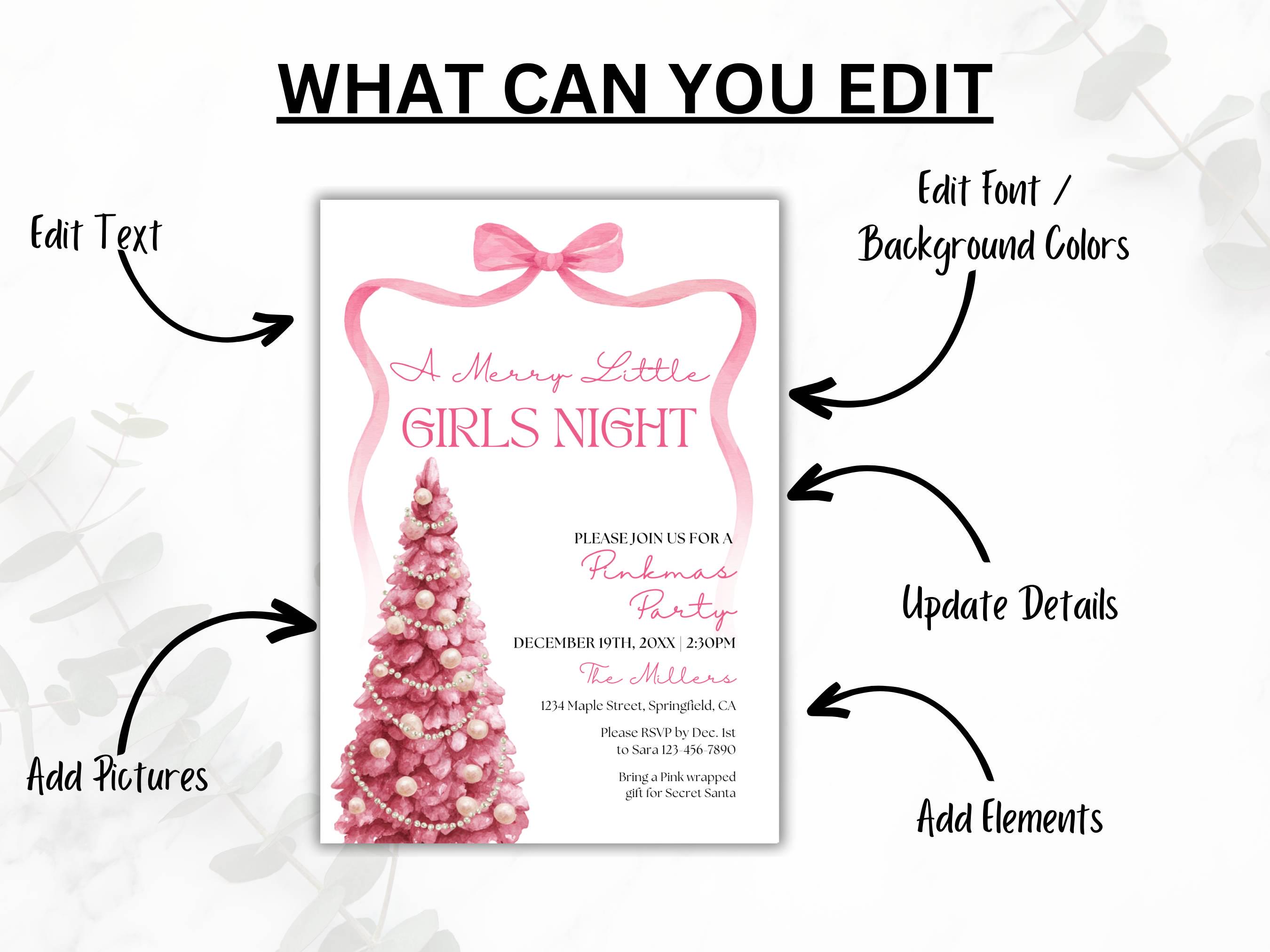 Girls Night Christmas Party Invitation Template, Pink Bow Pinkmas ...