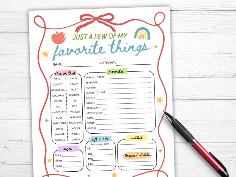 Favorite Things List Survey Questionnaire, Get to Know You Form ...