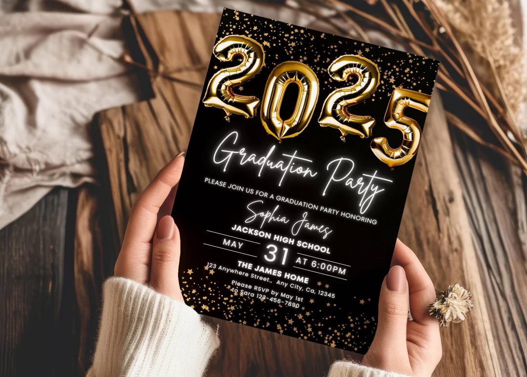 2025 Graduation Invitation Template, Gold Balloon Senior Graduate ...