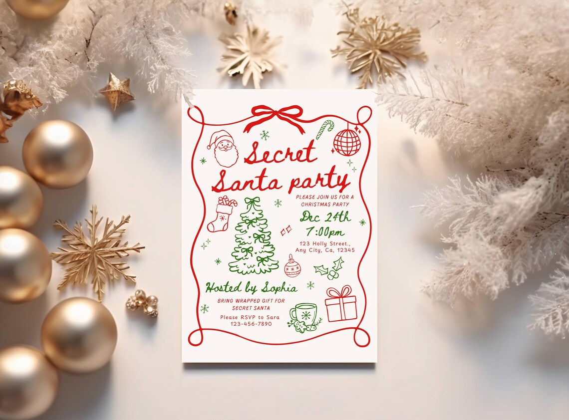 Secret Santa Christmas Party Invitation Template, Holiday Gift Exchange ...