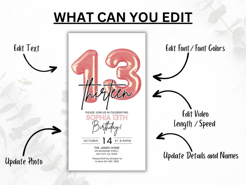 Pink Balloon 13th Birthday Invitation Template, Digital Cool Thirteen ...