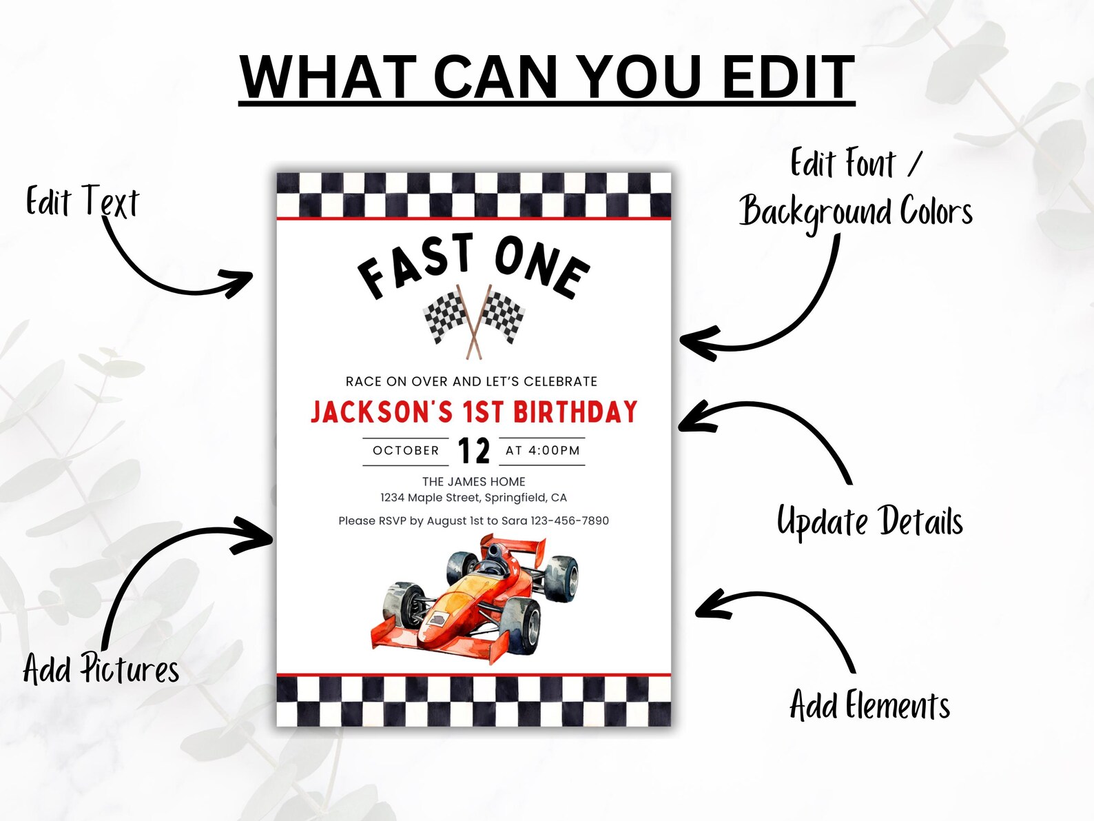 Fast One Birthday Party Invite, Racing Party Invitation Template, Race ...