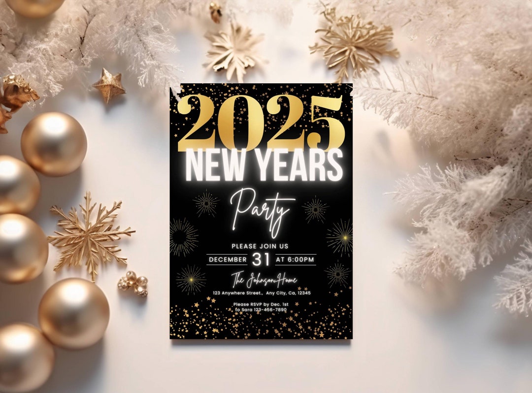 2025 New Years Party Invitation Template, Gold New Years Eve Party ...