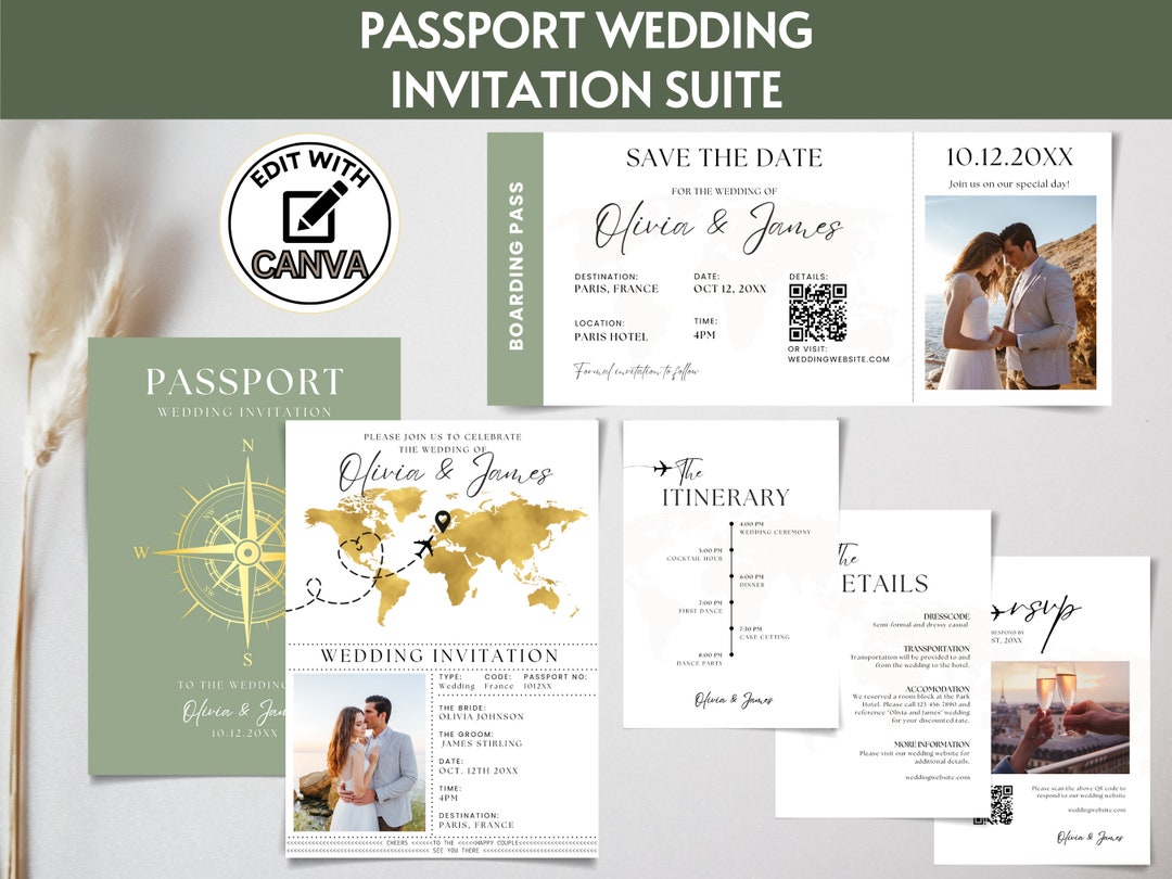 Passport Wedding Invitation Suite Template, Destination Wedding Invite Gold, Travel Theme ...