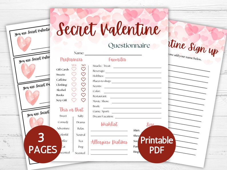 Secret Valentine Survey Questionnaire, Valentine's Day Gift Exchange ...