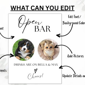 Open Bar Sign, Pet Photo Drink Sign Template, Modern Minimalist Wedding ...