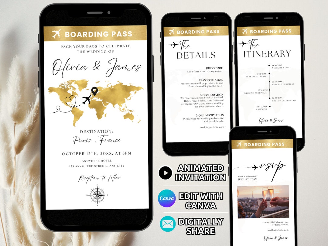 Boarding Pass Wedding Invitation Suite Electronic Template, Animated ...