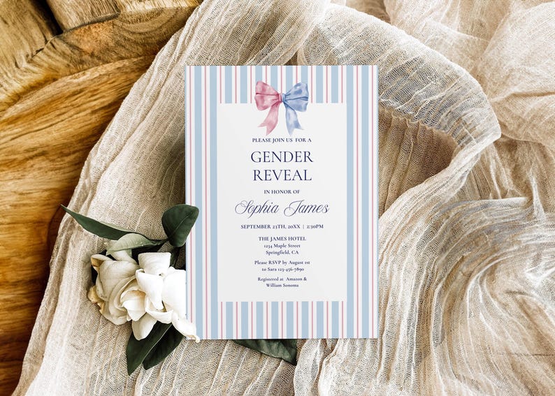 Pink Blue Gender Reveal Invitation Template, Stripe He or She Invite ...