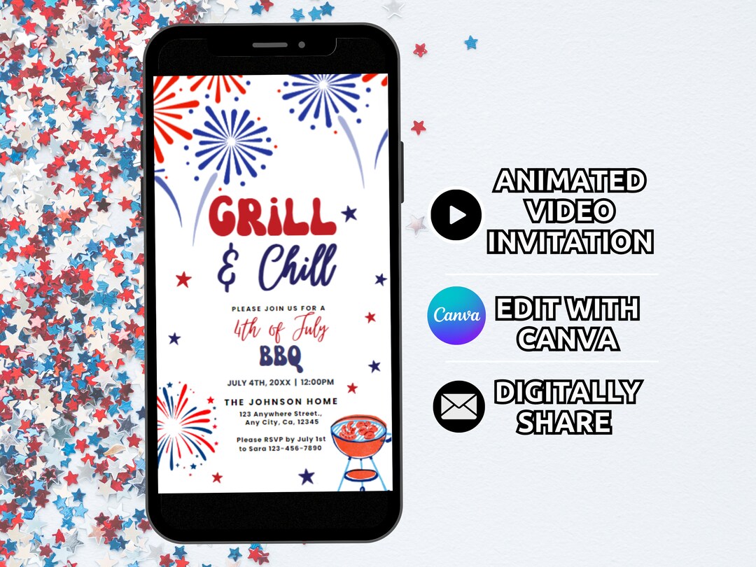 4th of July Party Invitation Template, Digital Grill and Chill BBQ ...