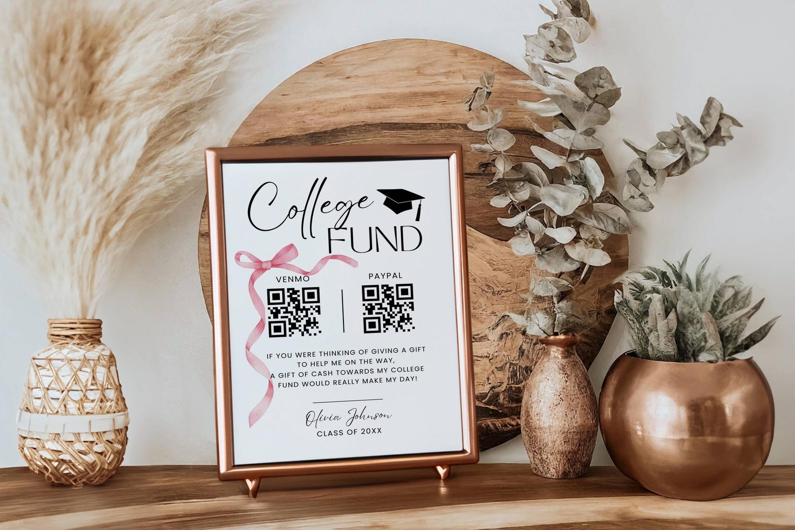 College Fund QR Code Sign Template, Modern Pink Bow Graduation Party ...