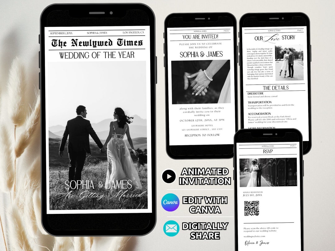 Digital Newspaper Wedding Invitation Suite Template, Animated Wedding ...