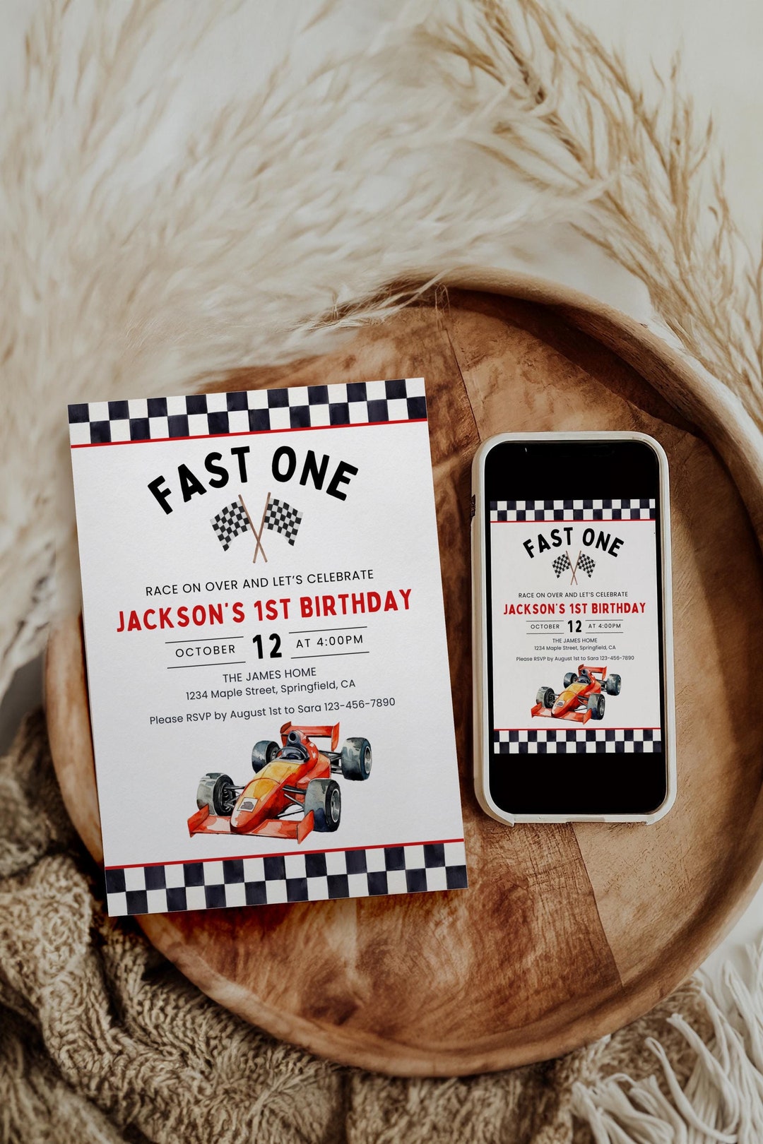 Fast One Birthday Party Invite, Racing Party Invitation Template, Race ...