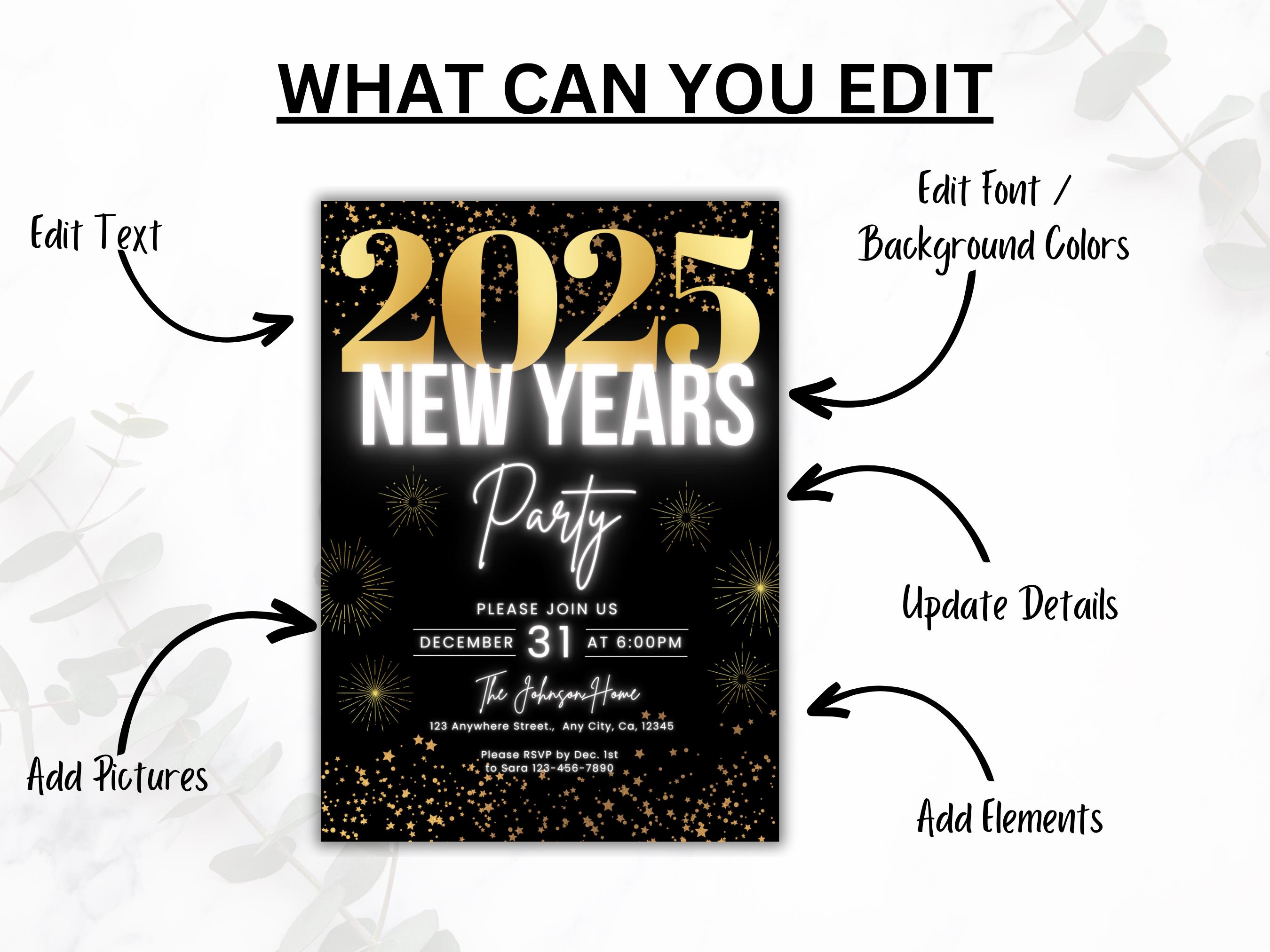 2025 New Years Party Invitation Template, Gold New Years Eve Party ...