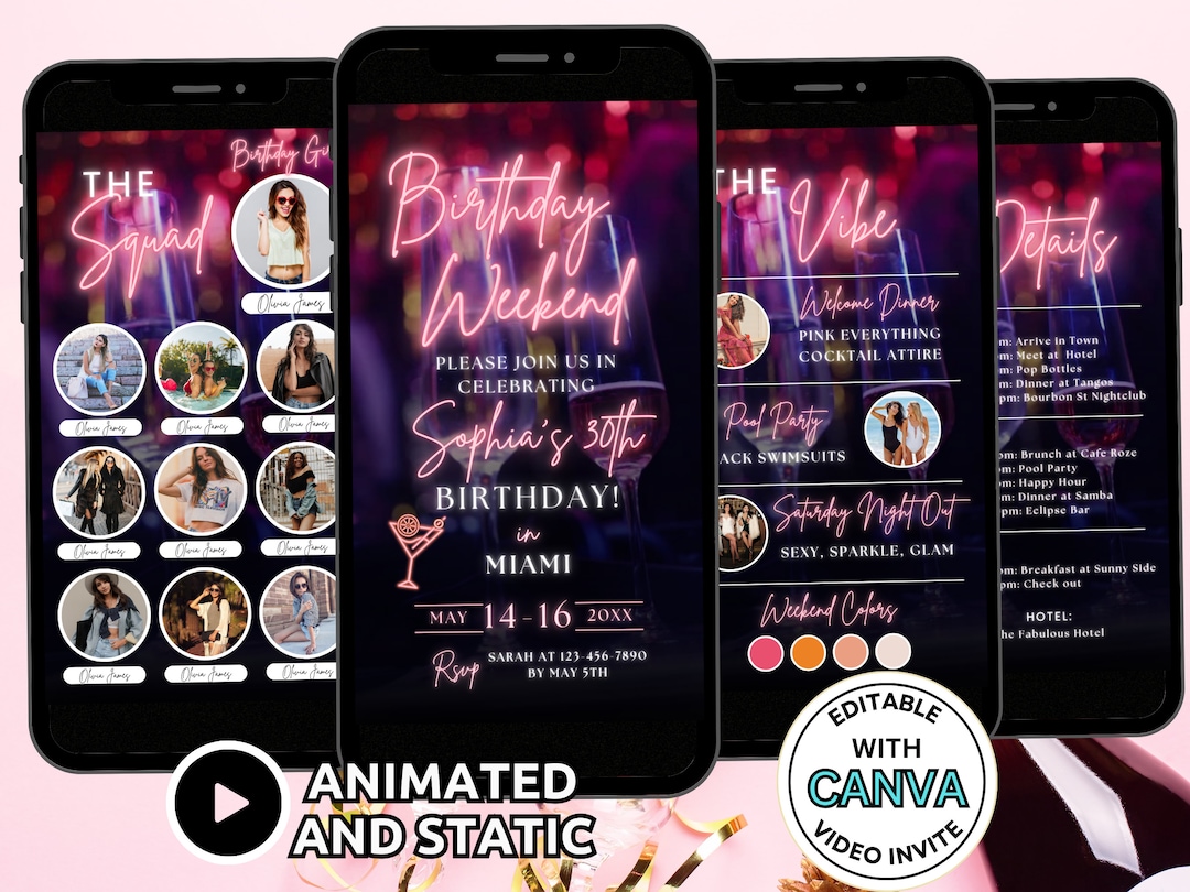 Digital Birthday Dinner Party Invitation, Animated Video Pink Birthday ...
