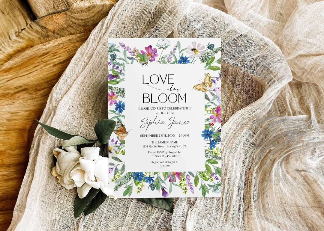 Love in Bloom Bridal Shower Invitation Template, Floral Bridal Shower Invite Wildflower Wedding ...