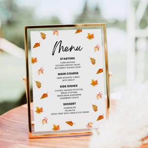 Thanksgiving Menu Template, Thanksgiving Dinner Party Menu Card, Fall ...