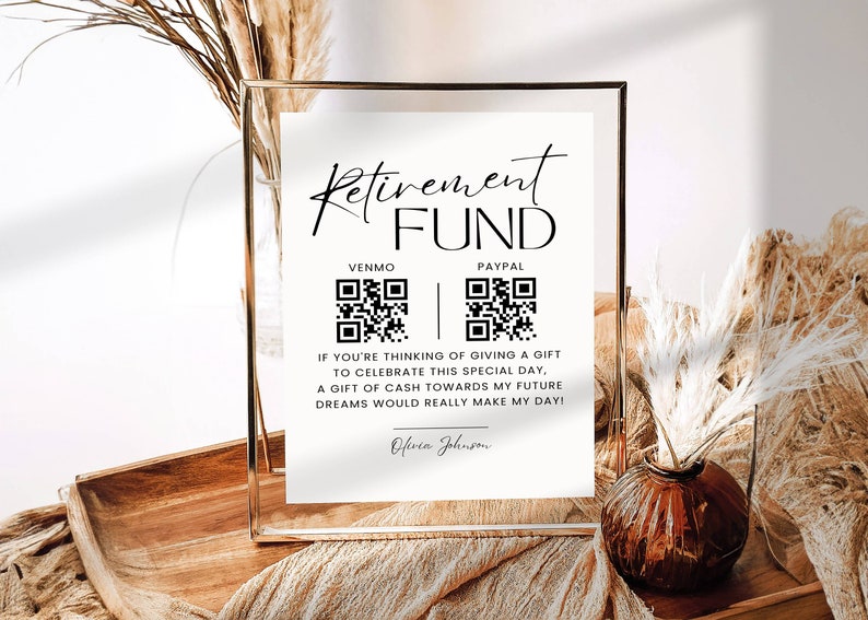 Retirement Fund QR Code Sign, Travel Fund Sign, Modern Retirement Party ...