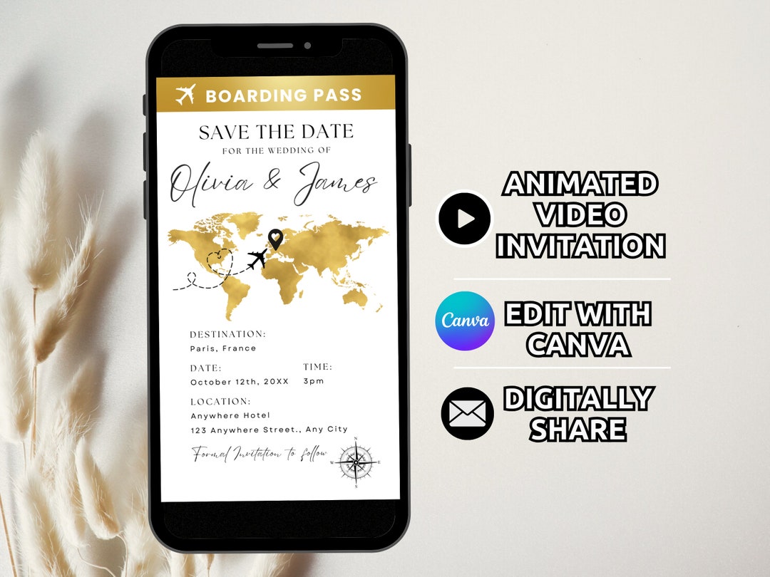 Boarding Pass Save the Date Digital Template Animated Destination ...