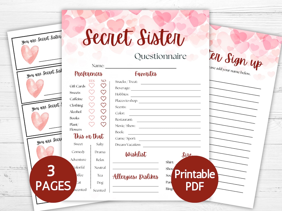 Secret Sister Survey Questionnaire, Christmas Gift Exchange Party ...
